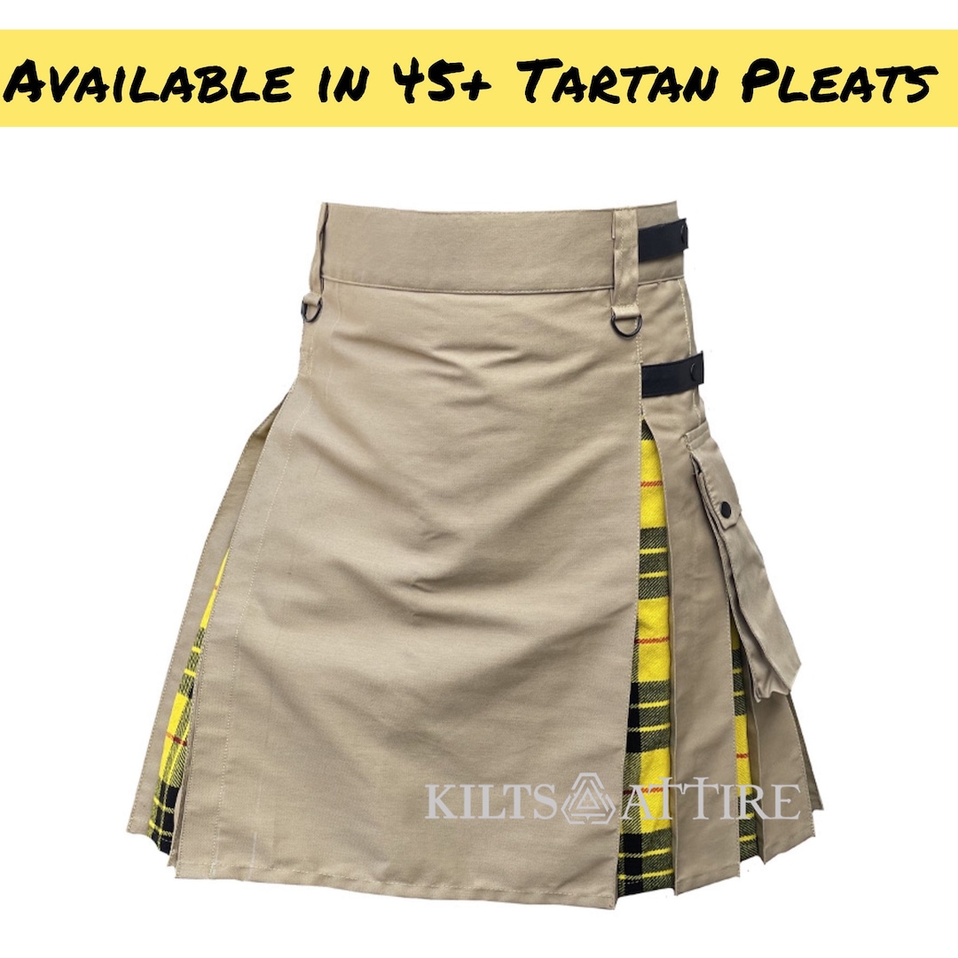 Men's Khaki Tartan Hybrid Leather Strap Kilt in Various 45 Tartans ...