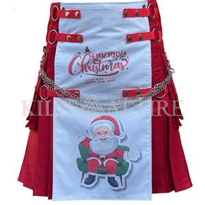 Men's Christmas Kilt Red With White Santa Claus Kilt Skirt Christmas ...
