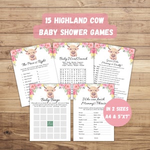 15 Highland Cow Baby Shower Games, Floral Cow Baby Shower Game Bundle ...