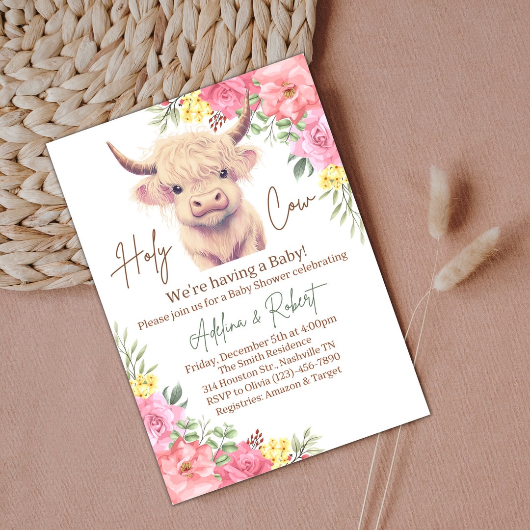 Highland Cow Baby Shower Invitation, Floral Cow Baby Shower, Holy Cow ...