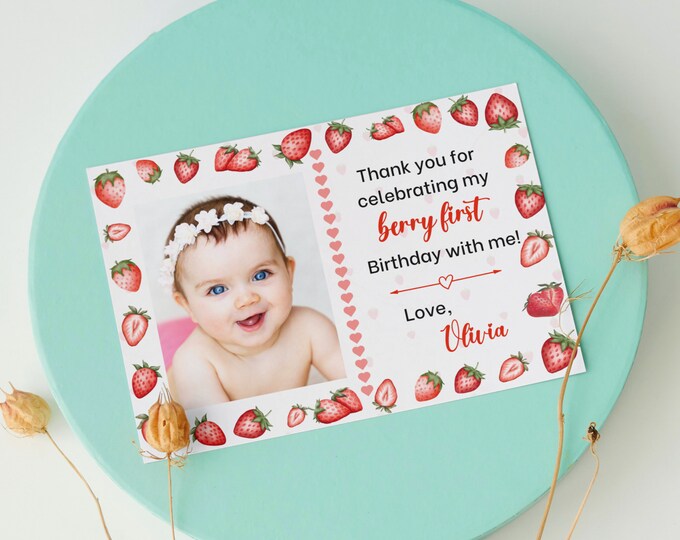 Berry First Birthday Thank You Card Template, Strawberry Party Thank ...