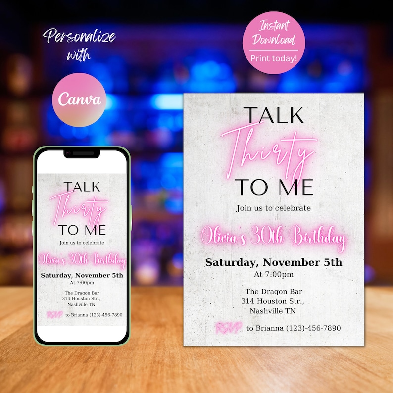 Editable 30th Birthday Invitation for Women, Talk Thirty to Me Birthday Invite, Pink Neon Light ...