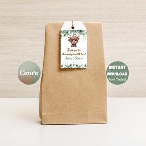 Highland Cow Favor Tag, Editable Highland Cow Thank You Tag, Highland ...