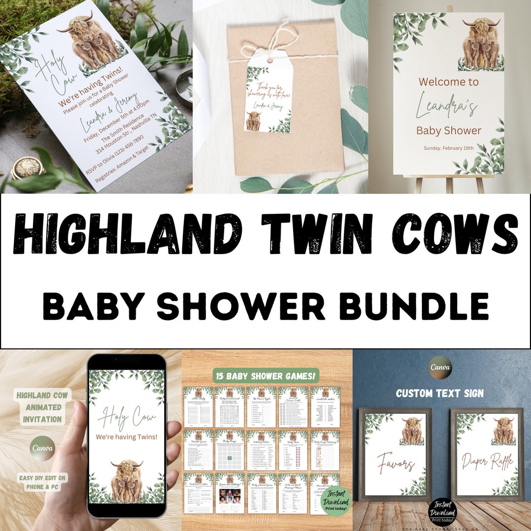 Boho Highland Twin Cows Baby Shower Invitation Bundle, Twin Cows Baby ...