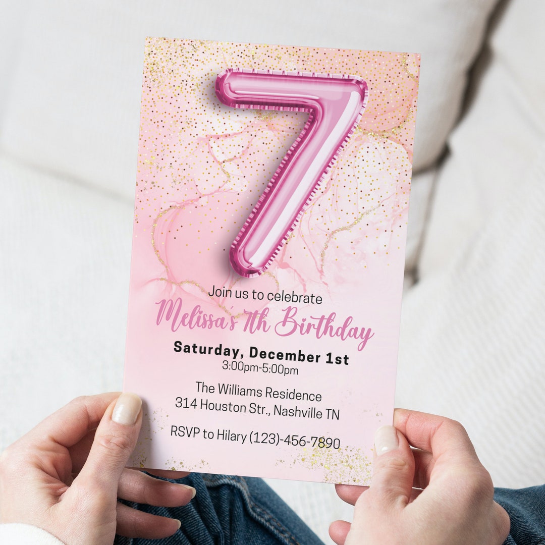 Editable Pink 7th Birthday Invitation Template, Glitter Girl Birthday ...