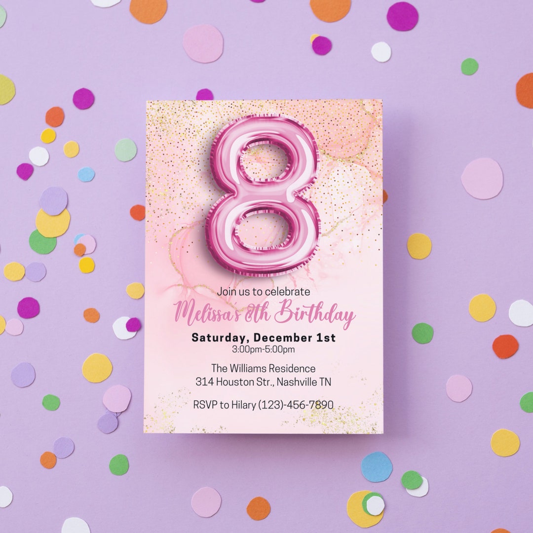 Editable Pink 8th Birthday Invitation Template, Glitter Girl Birthday ...