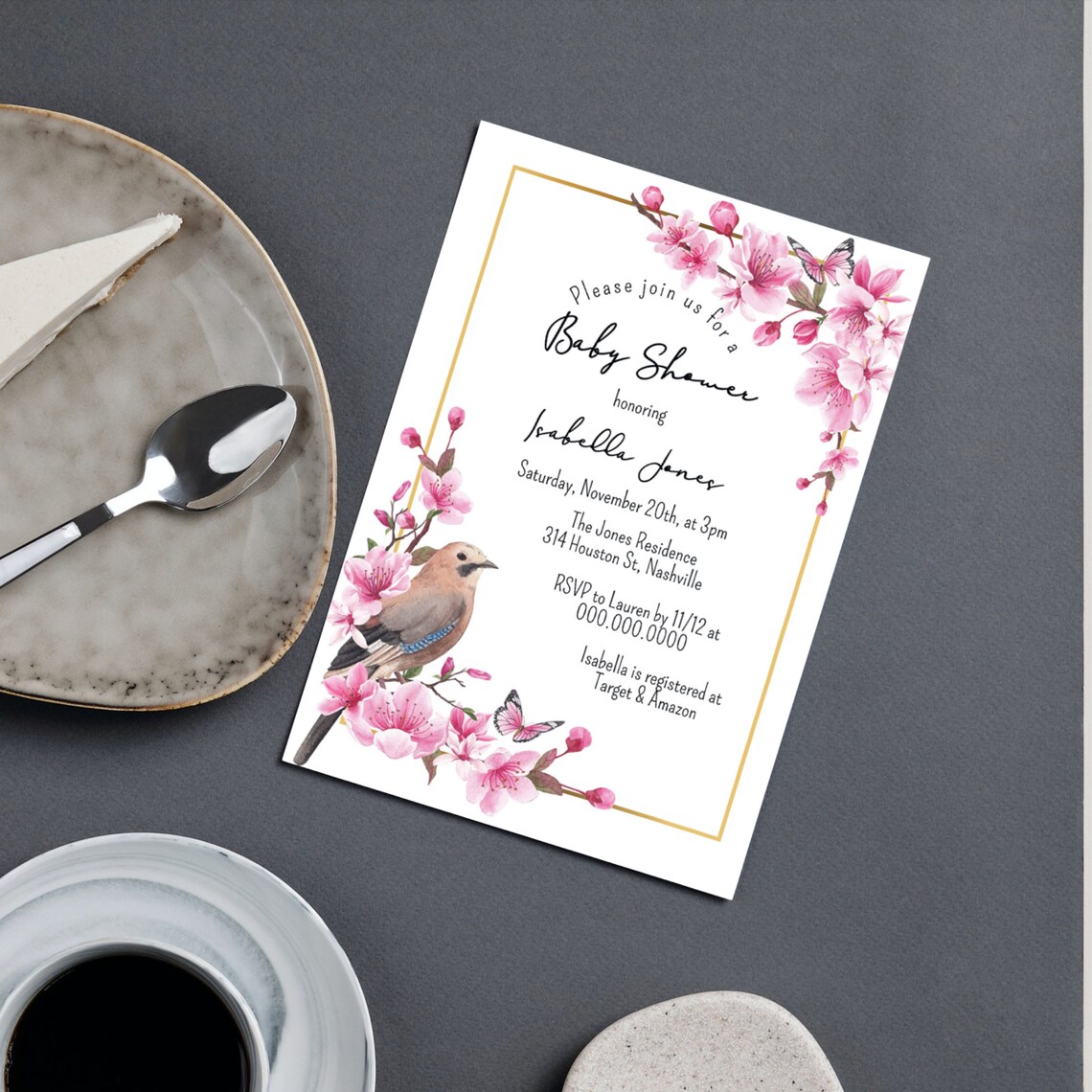 Floral Bird Baby Shower Invitation Template, Modern Girl Flowers Baby ...