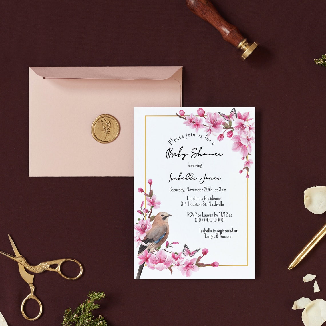 Floral Bird Baby Shower Invitation Template, Modern Girl Flowers Baby ...