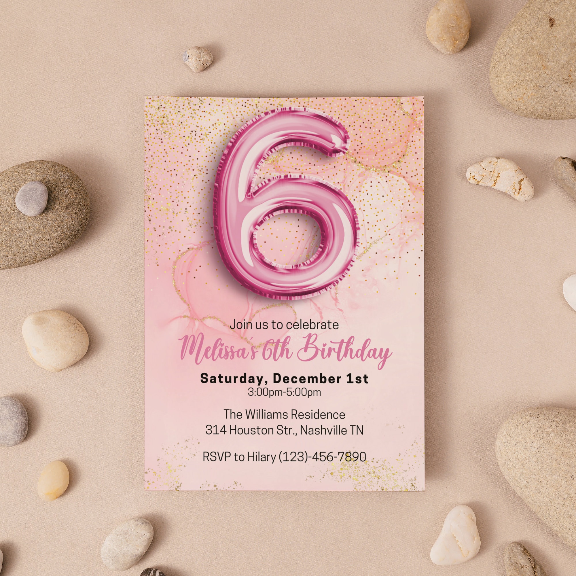 Editable Pink 6th Birthday Invitation Template Glitter Girl - Etsy