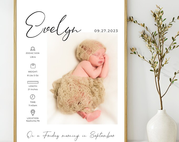 Minimalist Birth Stats Sign, Birth Statistics Print, Baby Birth ...