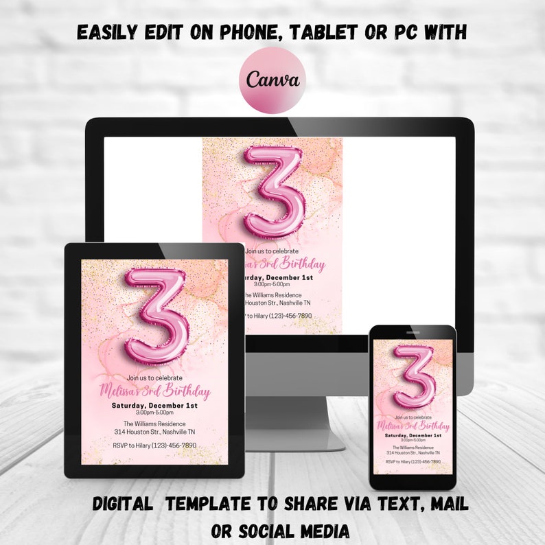 Editable Pink 3rd Birthday Invitation Template Glitter Girl - Etsy