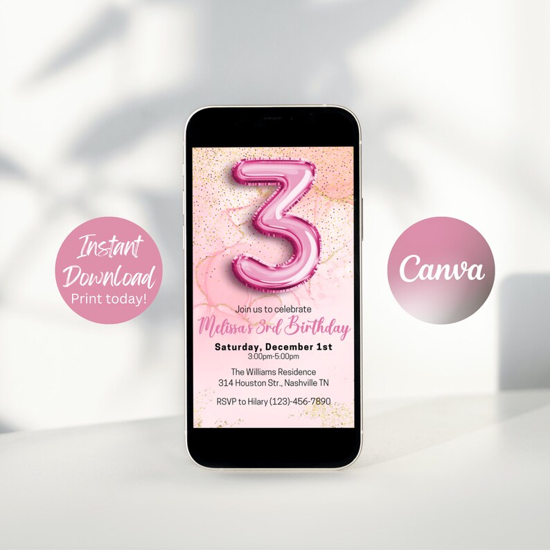 Editable Pink 3rd Birthday Invitation Template Glitter Girl - Etsy
