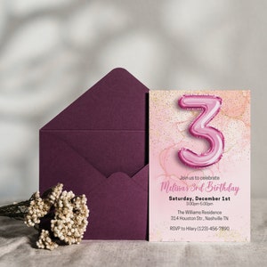 Editable Pink 3rd Birthday Invitation Template, Glitter Girl Birthday ...