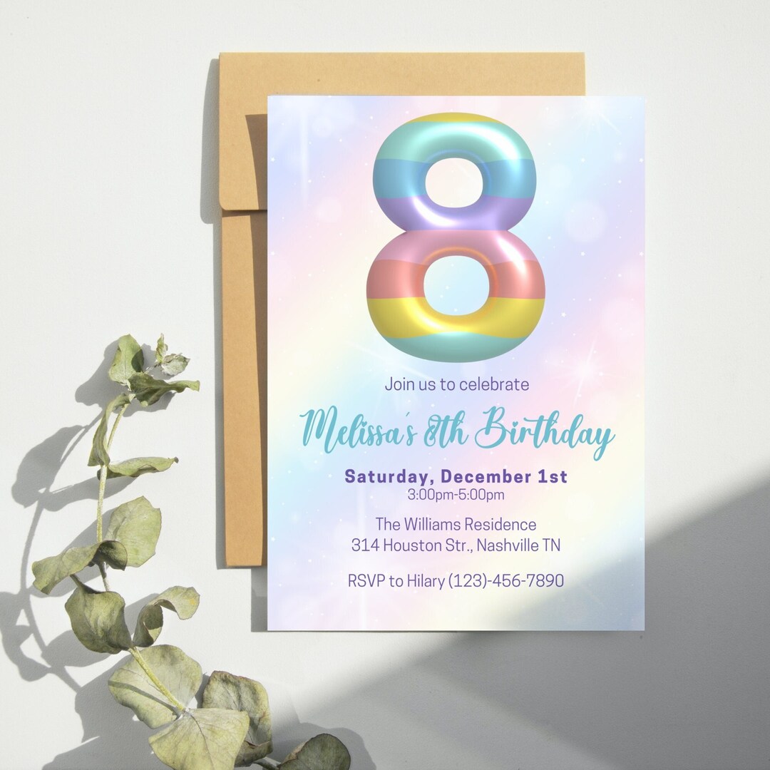 Editable Rainbow 8th Birthday Invitation Template, Rainbow Girl ...