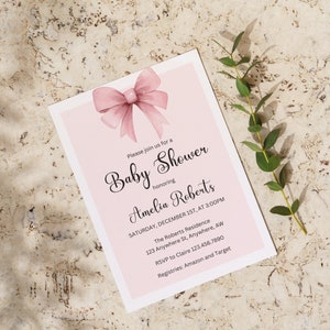 Pink Bow Baby Shower Invitation, Pink Girl Baby Shower Invitation, Pink ...