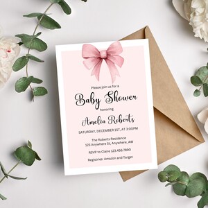 Pink Bow Baby Shower Invitation, Pink Girl Baby Shower Invitation, Pink ...