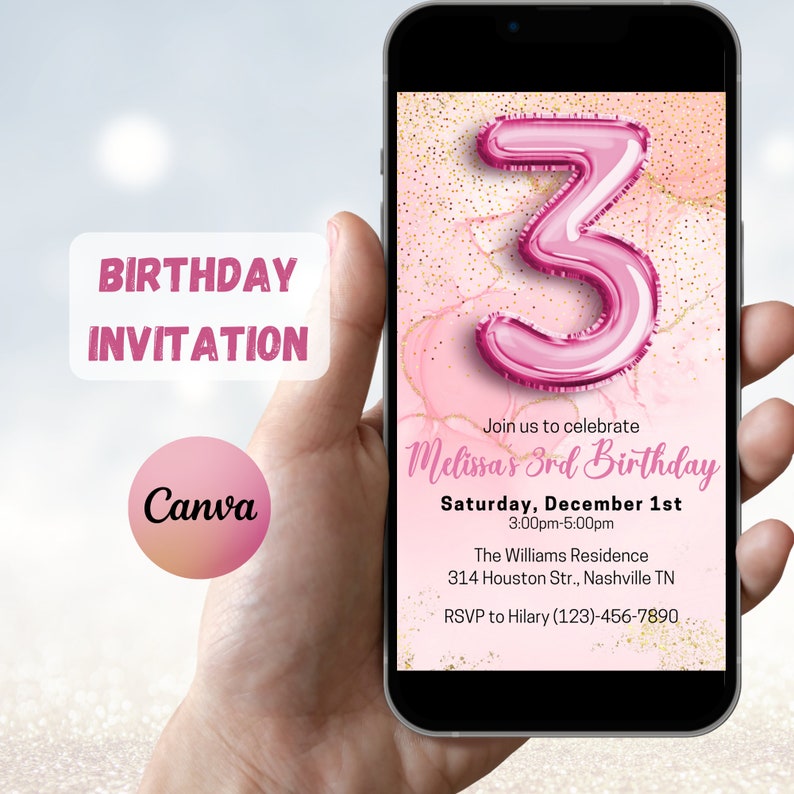 Editable Pink 3rd Birthday Invitation Template Glitter Girl - Etsy