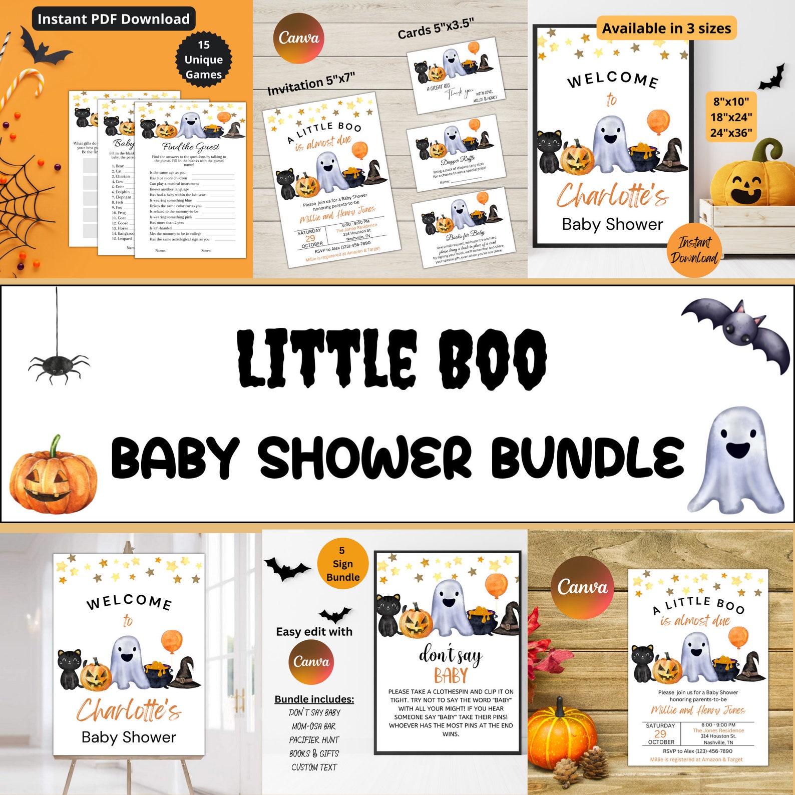 Editable A Little Boo Baby Shower Bundle, Gender Neutral Halloween Baby ...