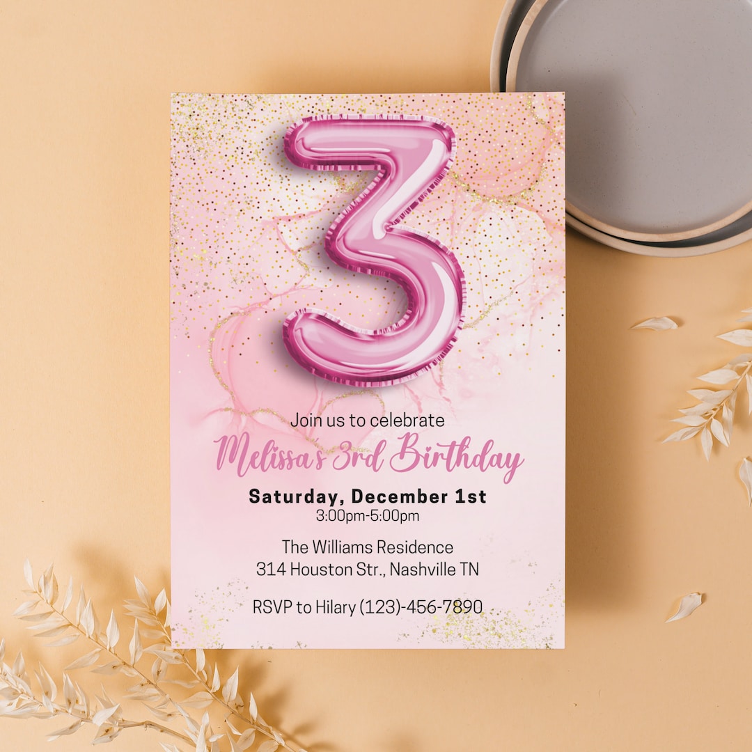 Editable Pink 3rd Birthday Invitation Template, Glitter Girl Birthday ...