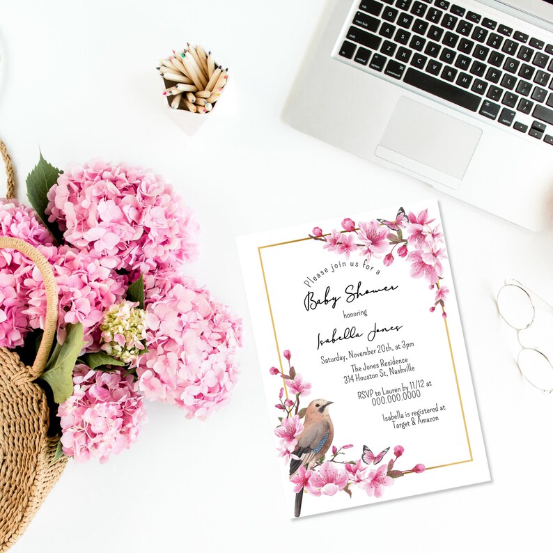 Floral Bird Baby Shower Invitation Template, Modern Girl Flowers Baby ...