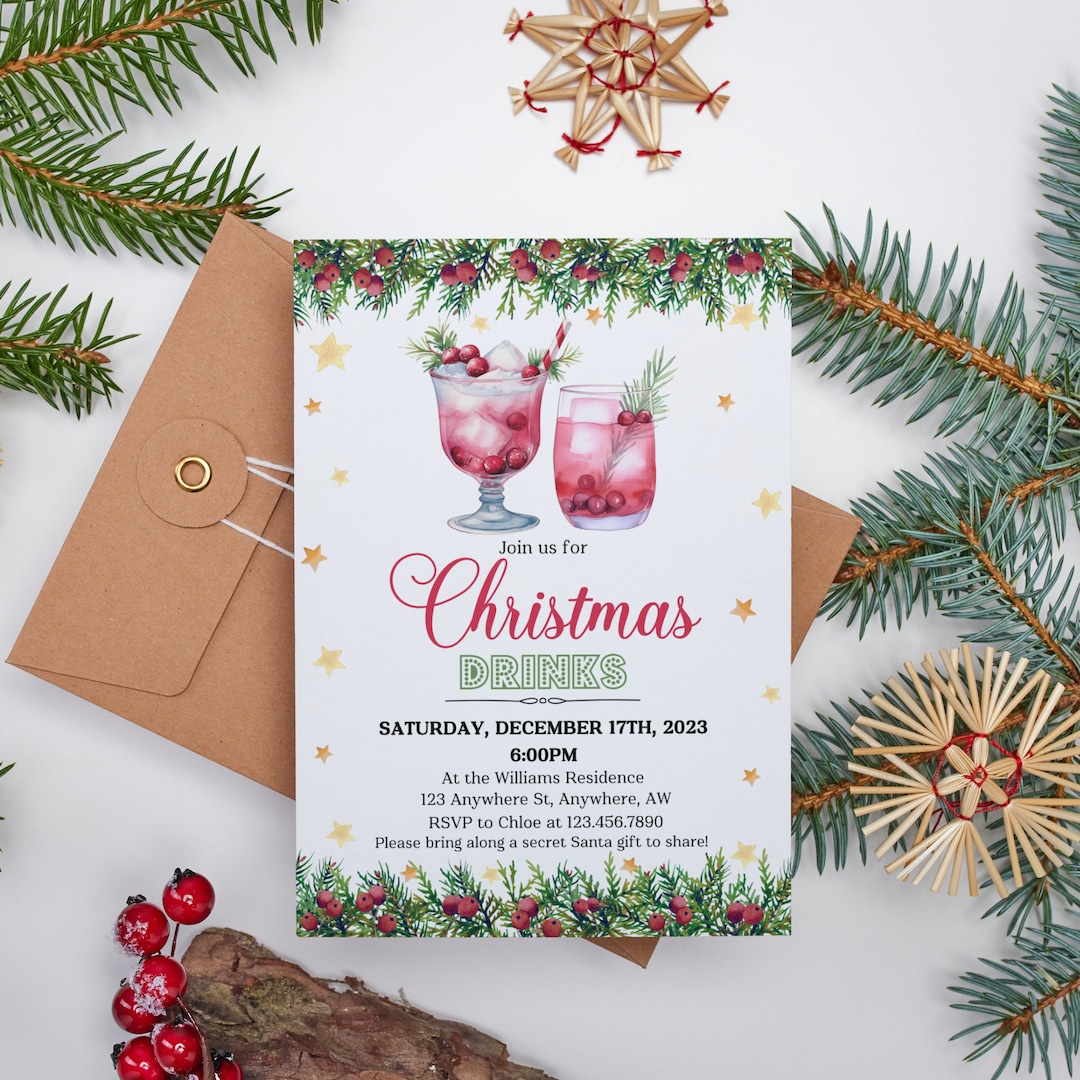Editable Christmas Drinks Invitation, Festive Holidays Party Invite ...