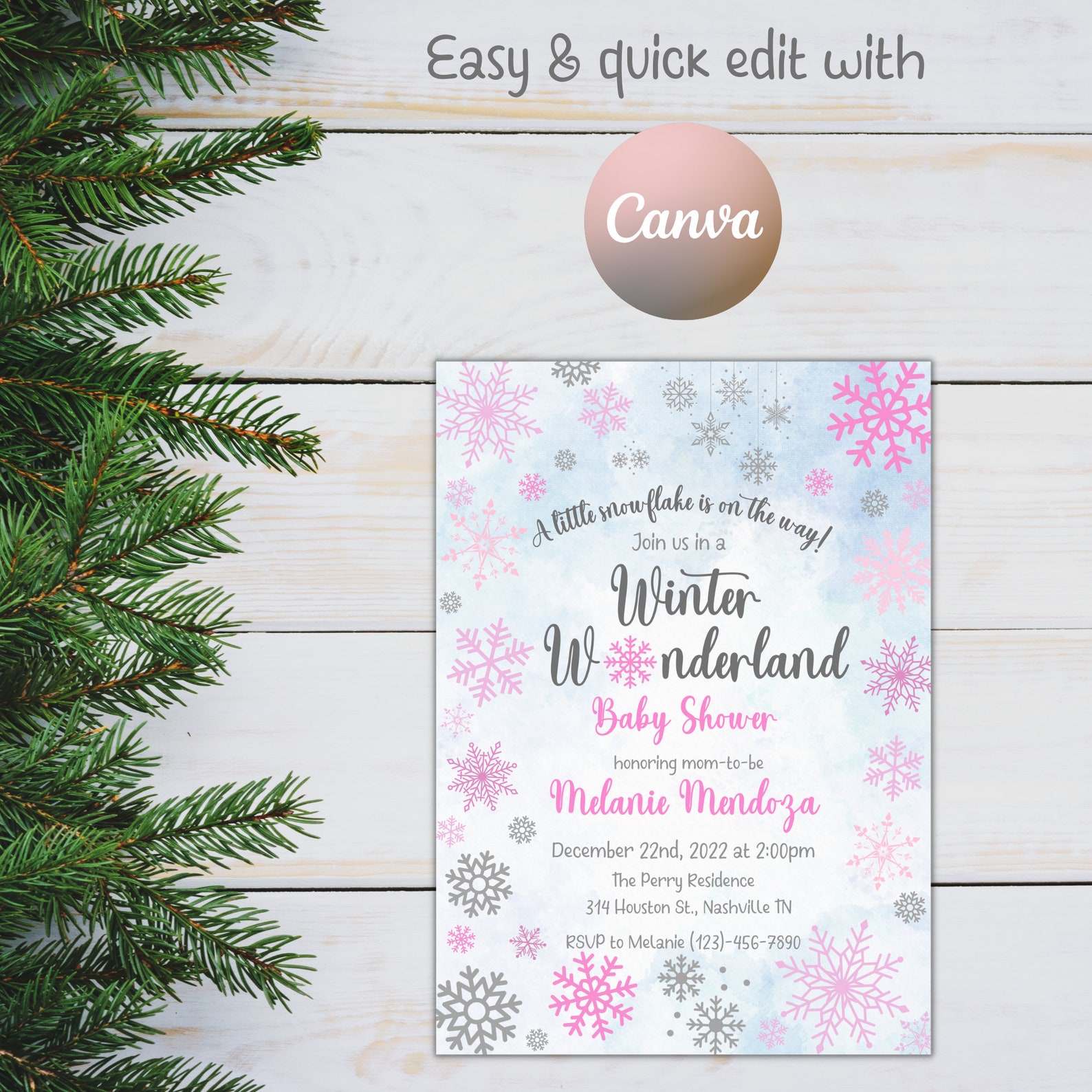 Snowflake Baby Shower Invitation Template Winter Wonderland - Etsy