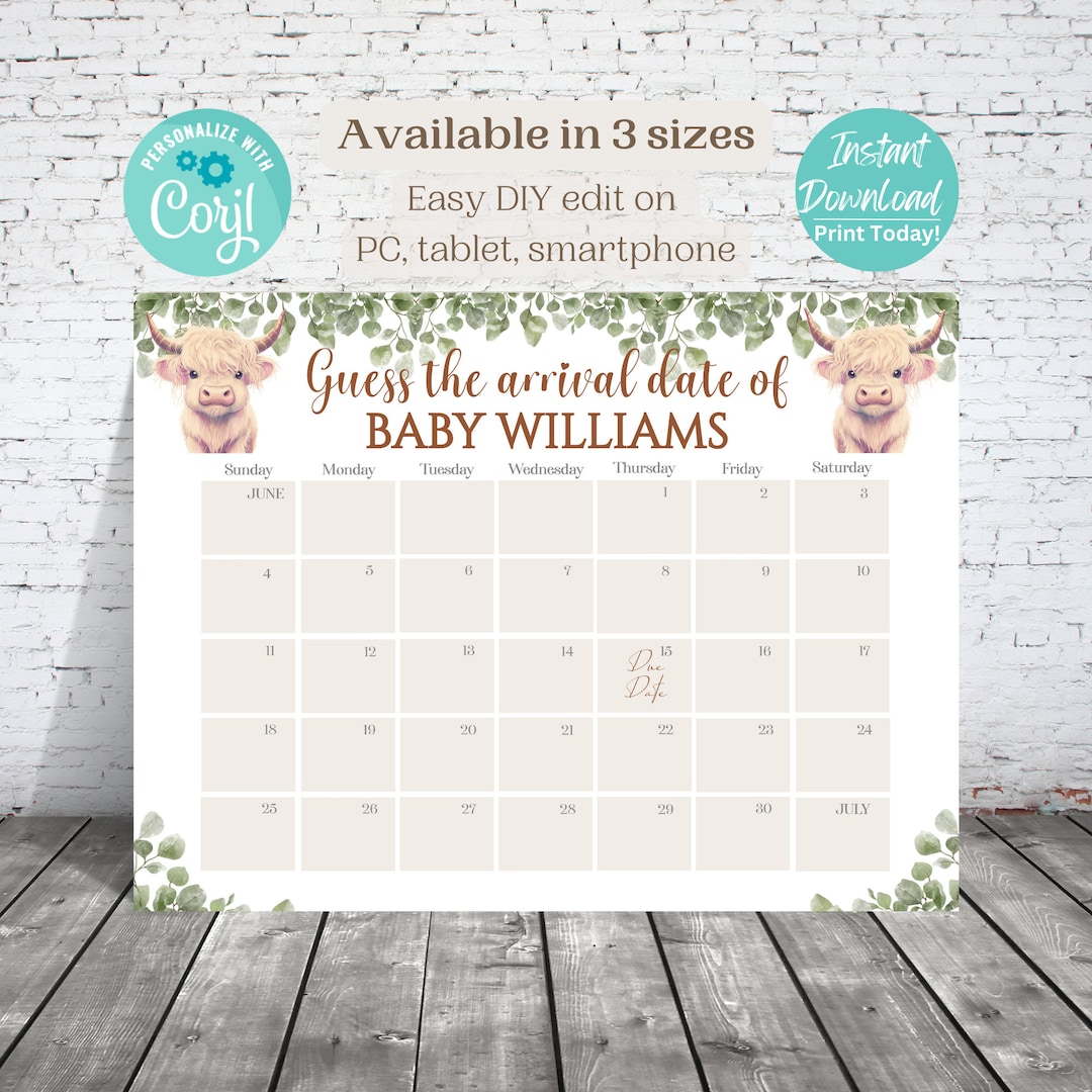 Boho Highland Cow Baby Due Date Calendar, Prediction Game (digital ...