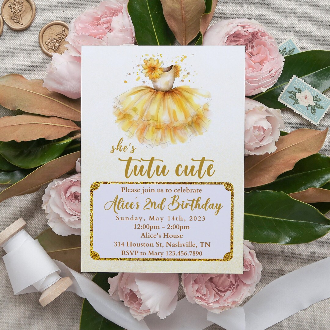 Tutu Birthday Invitation, Ballerina Invite, Gold Tutu Ballerina ...