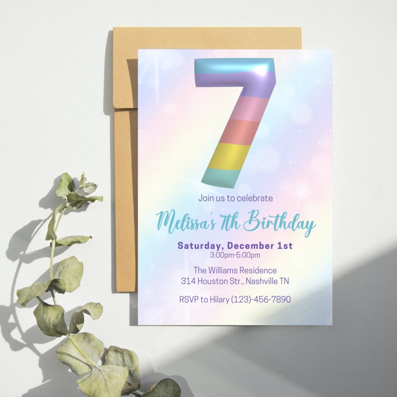 Editable Rainbow 7th Birthday Invitation Template Rainbow - Etsy