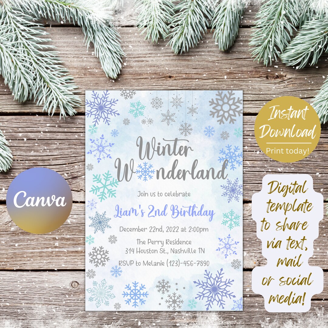 Snowflake Birthday Invitation Template, Winter Wonderland Boy Birthday ...
