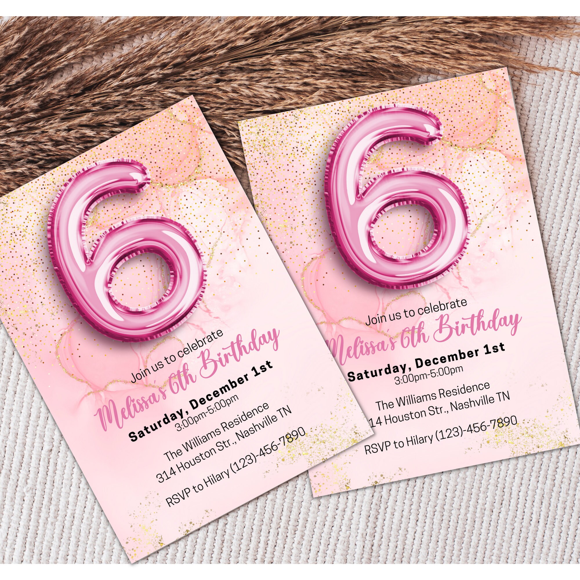Editable Pink 6th Birthday Invitation Template Glitter Girl - Etsy