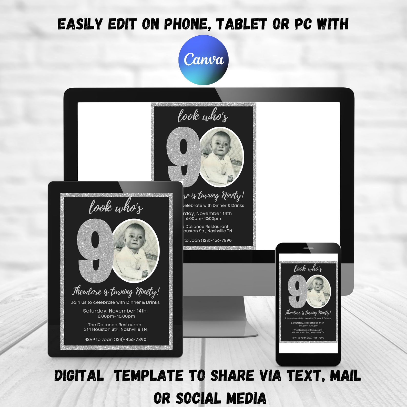 Editable 90th Invitation With Photo Look Who's 90 90th - Etsy