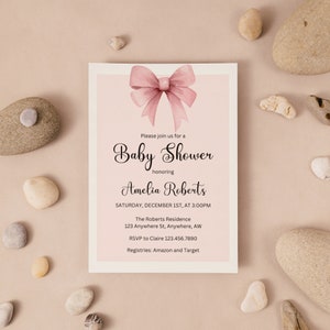 Pink Bow Baby Shower Invitation, Pink Girl Baby Shower Invitation, Pink ...