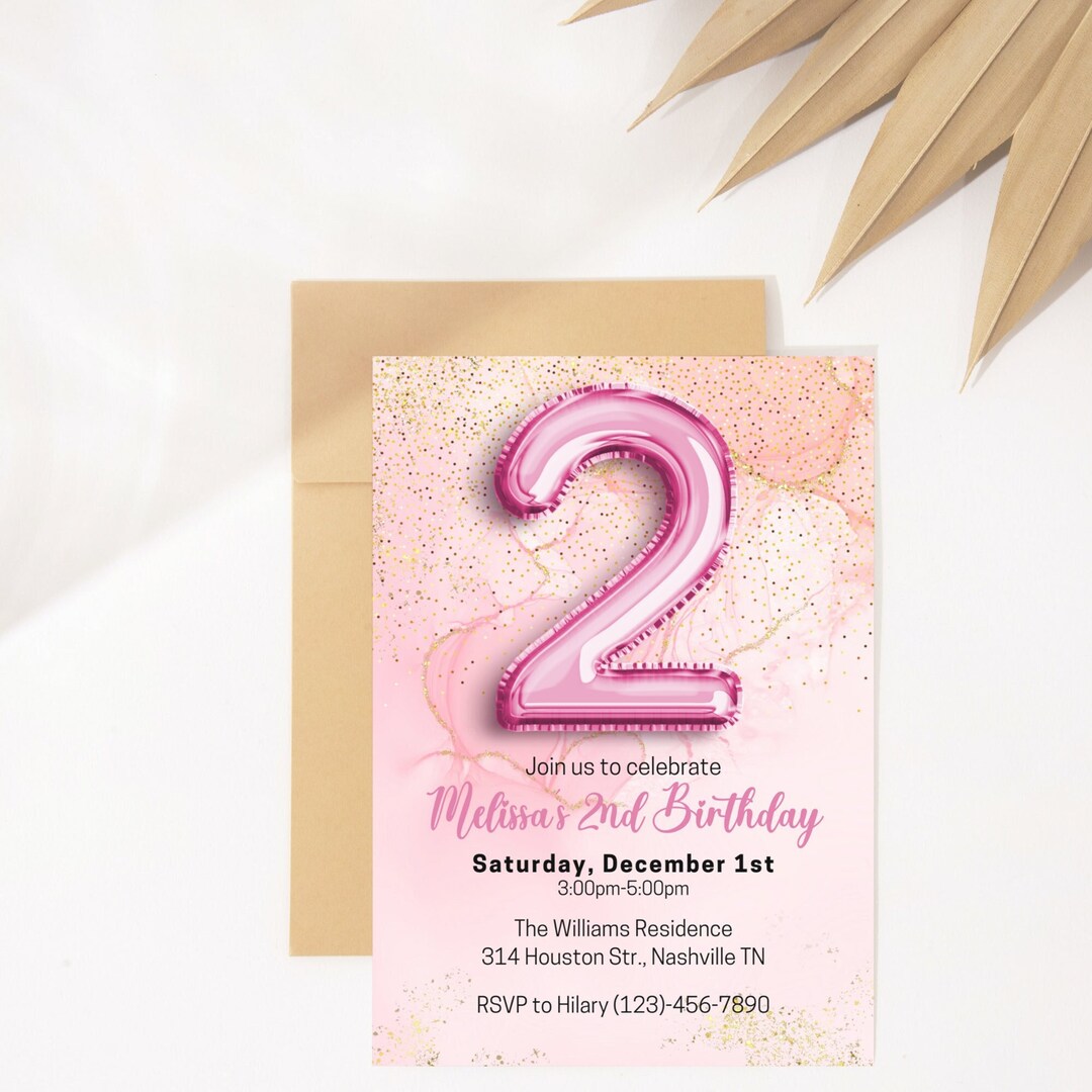 Editable Pink 2nd Birthday Invitation Template, Glitter Girl Birthday ...