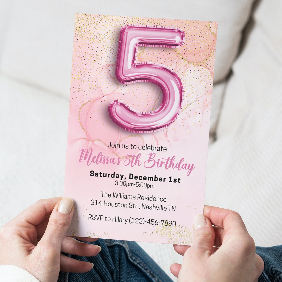 Editable Pink 5th Birthday Invitation Template, Glitter Girl Birthday ...