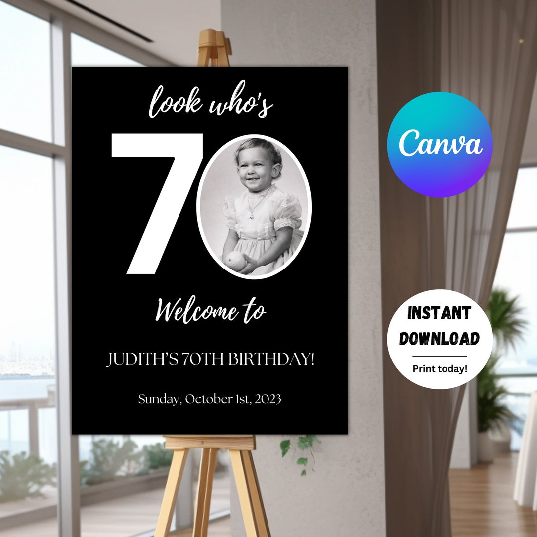 Editable 70th Birthday Welcome Sign, Look Who's Seventy Birthday Sign ...