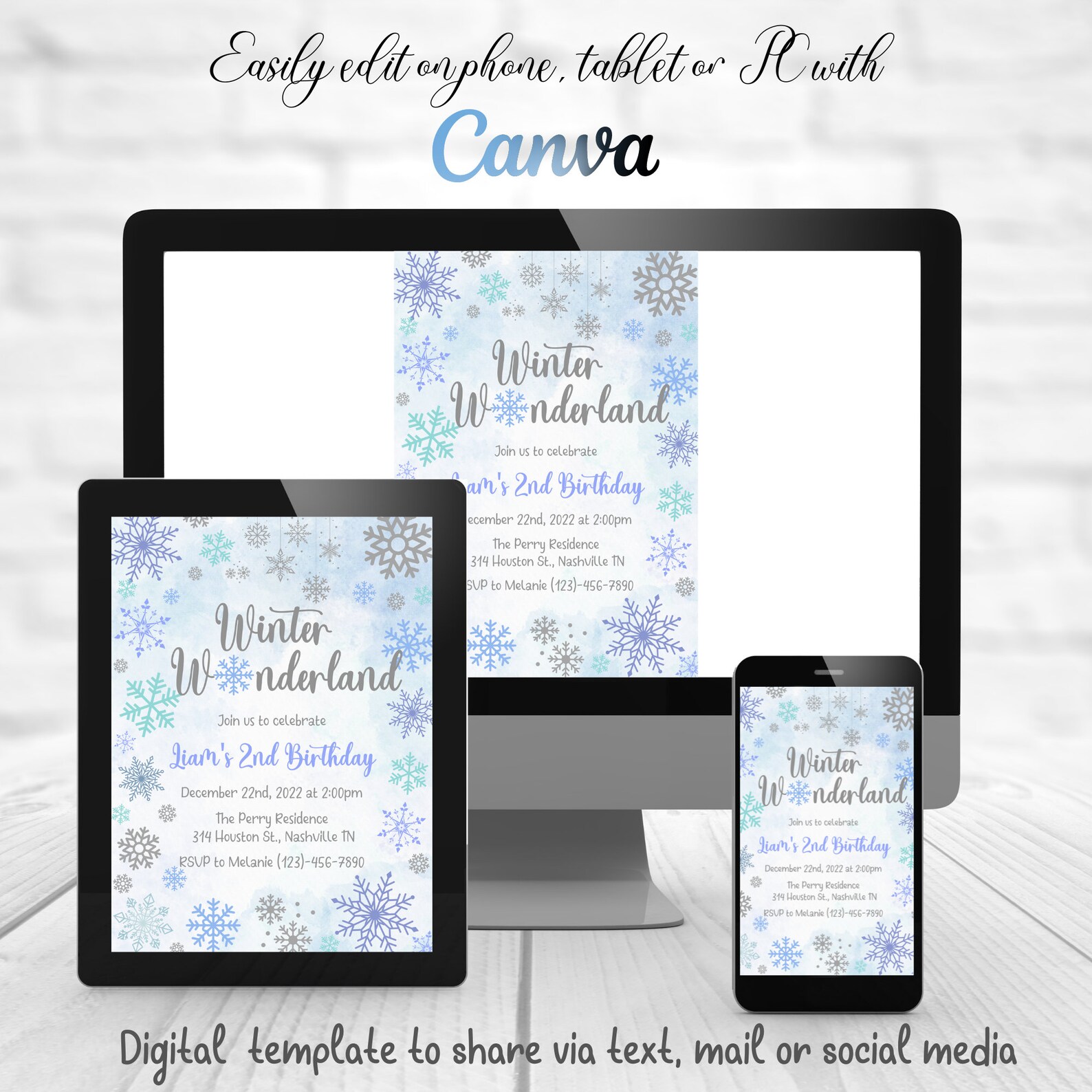 Snowflake Birthday Invitation Template Winter Wonderland Boy - Etsy