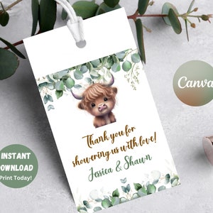Highland Cow Favor Tag, Editable Highland Cow Thank You Tag, Highland ...