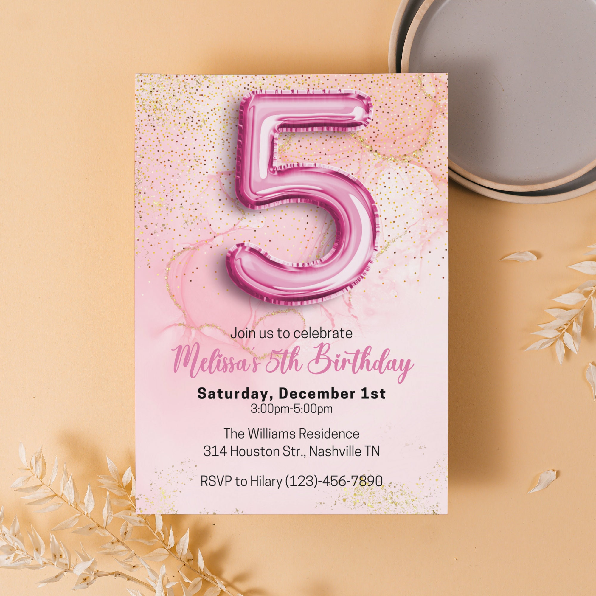 Editable Pink 5th Birthday Invitation Template Glitter Girl - Etsy