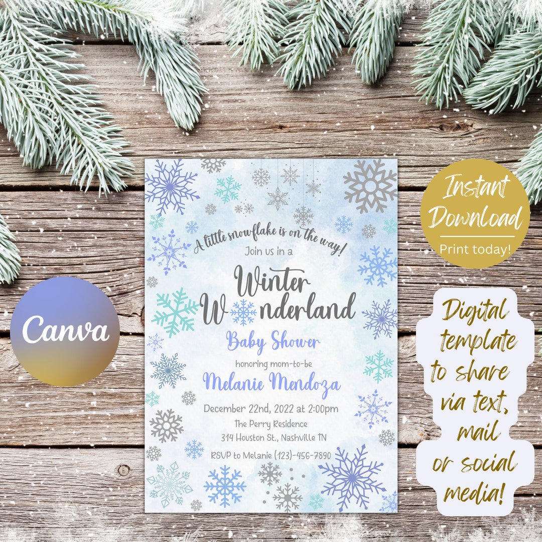 Snowflake Baby Shower Invitation Template, Winter Wonderland Boy Baby ...