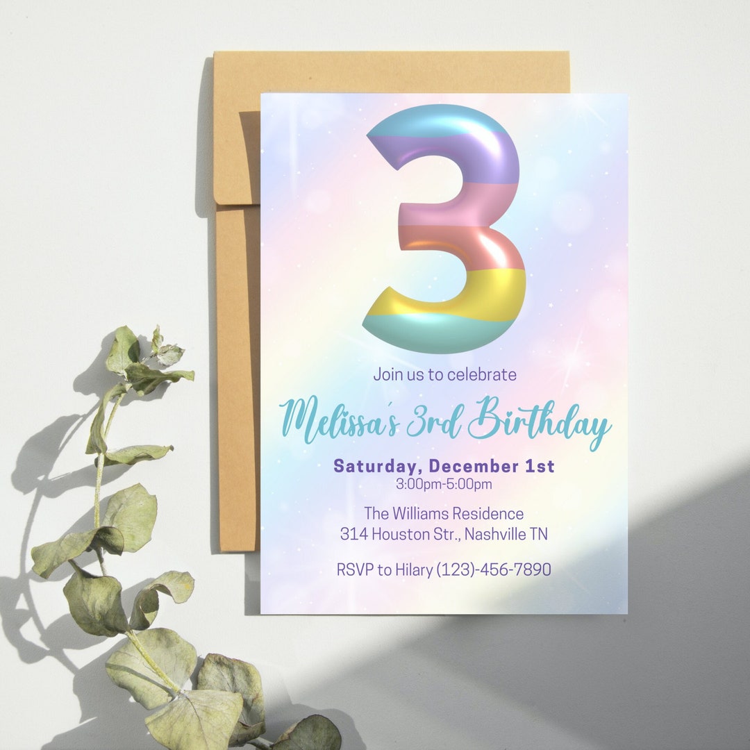Editable Rainbow 3rd Birthday Invitation Template, Rainbow Birthday ...