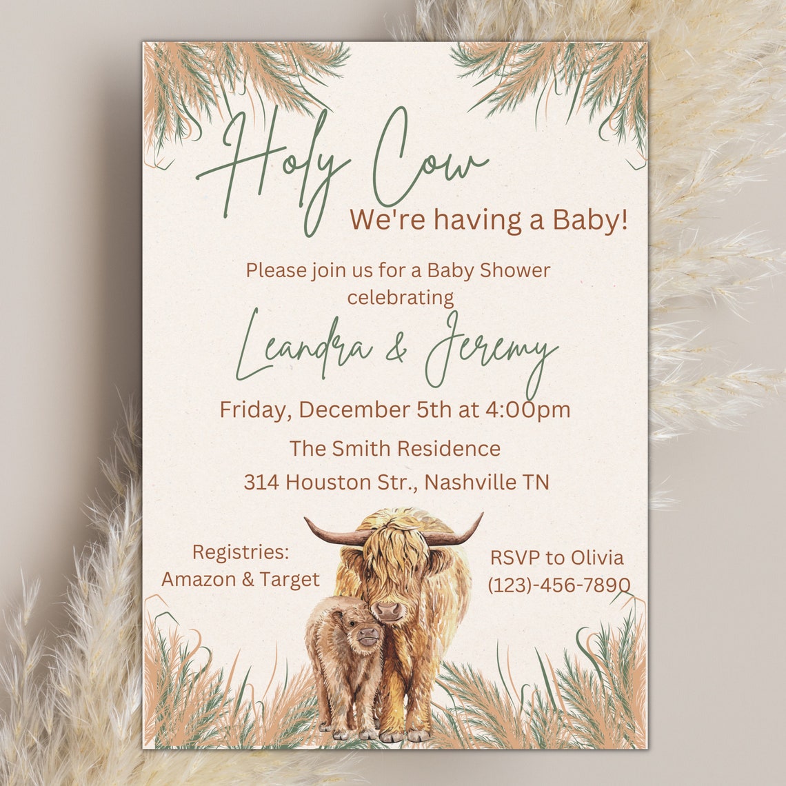 Boho Highland Cow Baby Shower Invitation Gender Neutral Cow - Etsy