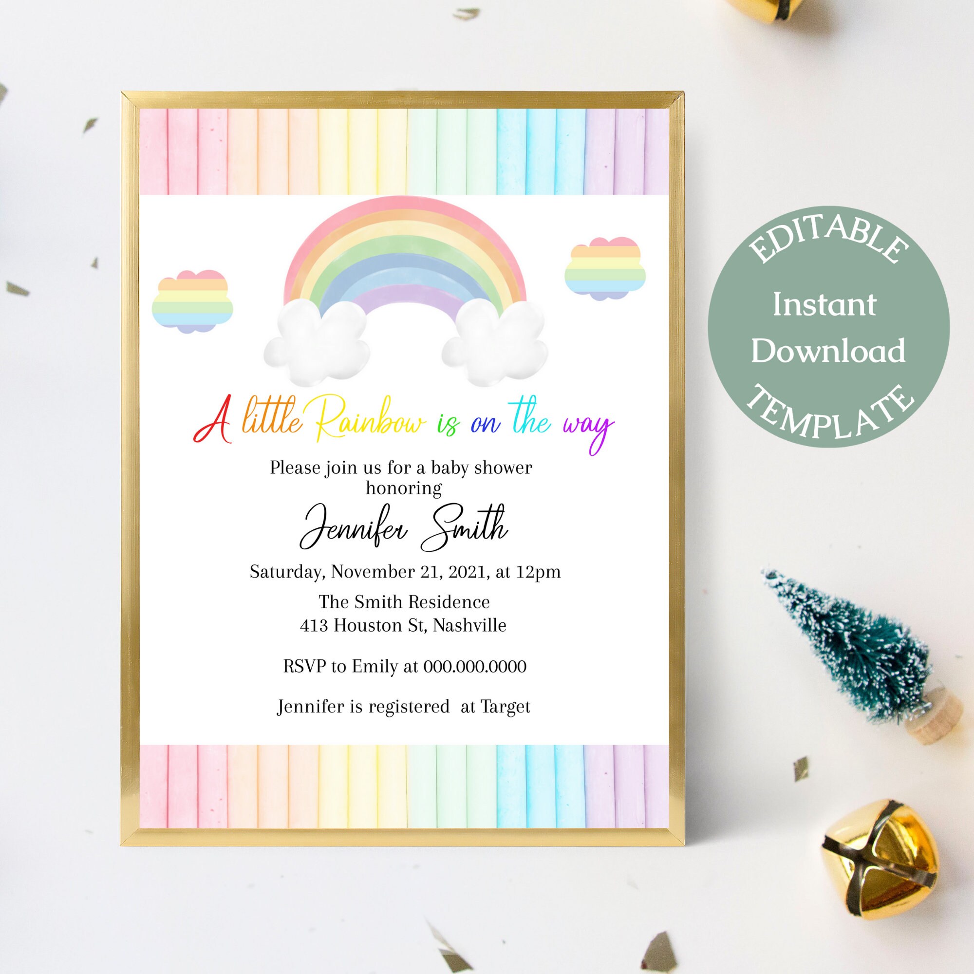Rainbow Baby Shower Invitation Template, Happy Modern Baby Shower Theme ...