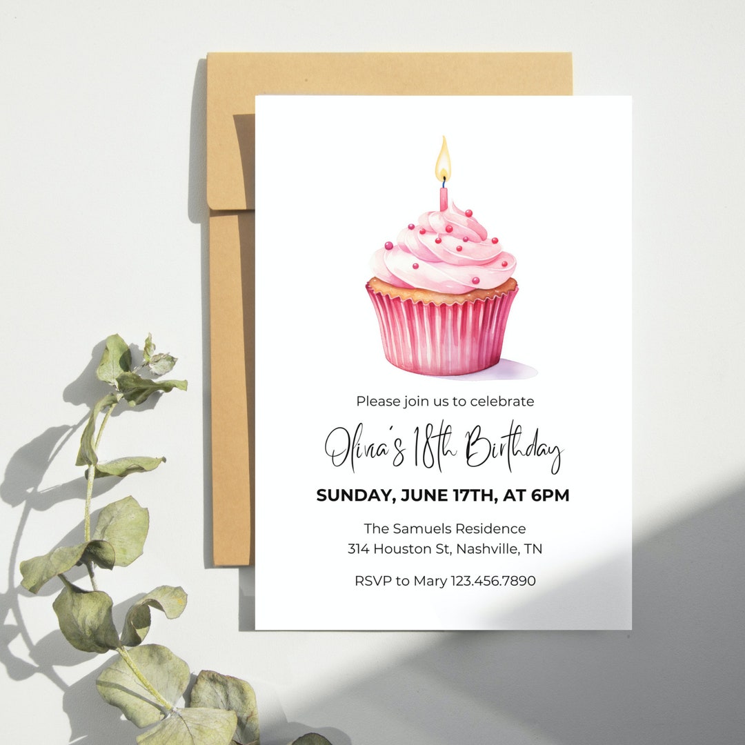 Simple Birthday Invitation, Cupcake Birthday Invitation, Surprise ...
