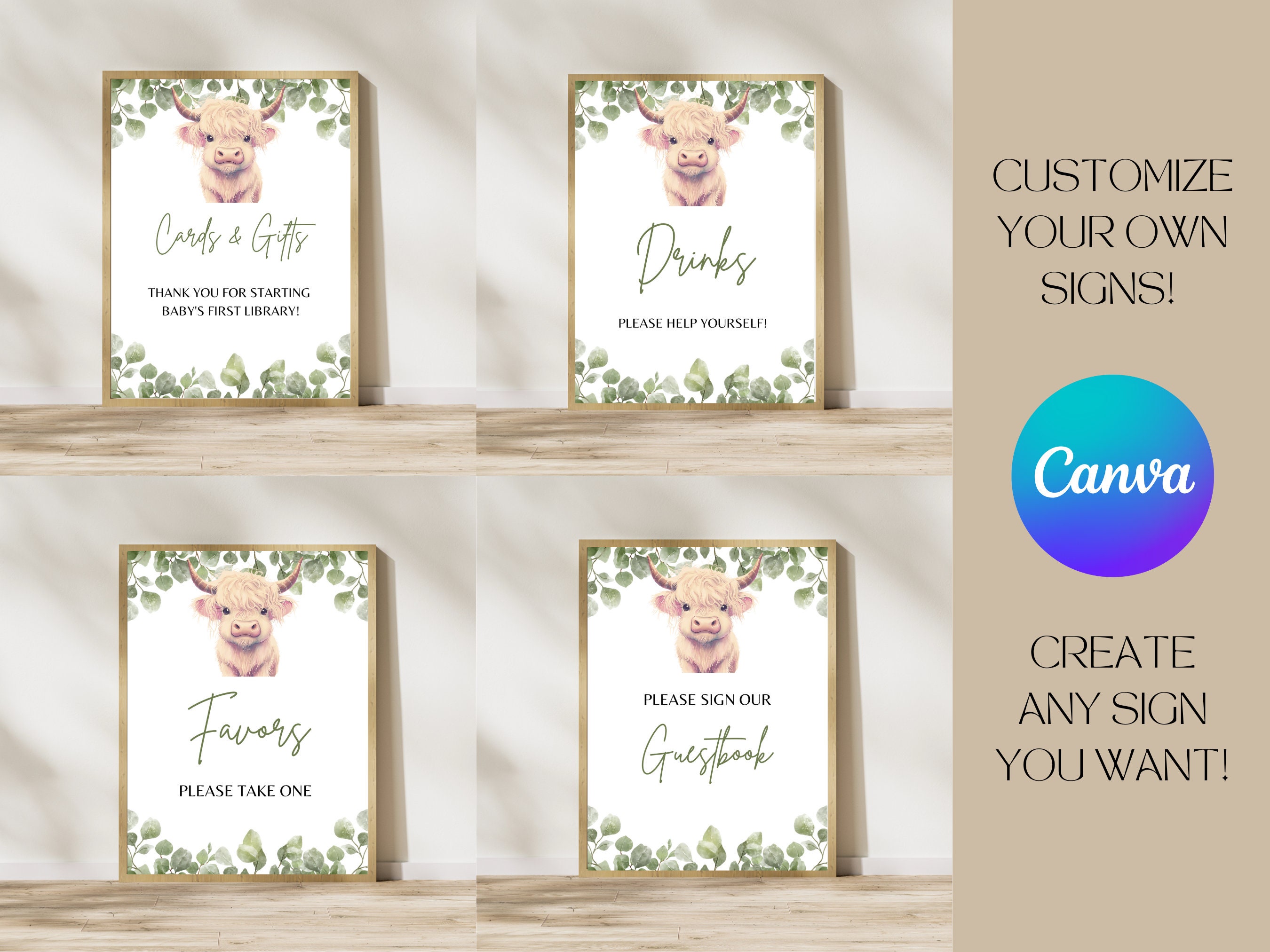 Editable Holy Cow Baby Shower Sign Bundle, Boho Highland Cow Baby ...