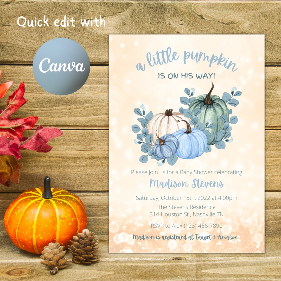 Editable Pumpkin Baby Shower Invitation, Boy Pumpkin Shower Invite Blue ...