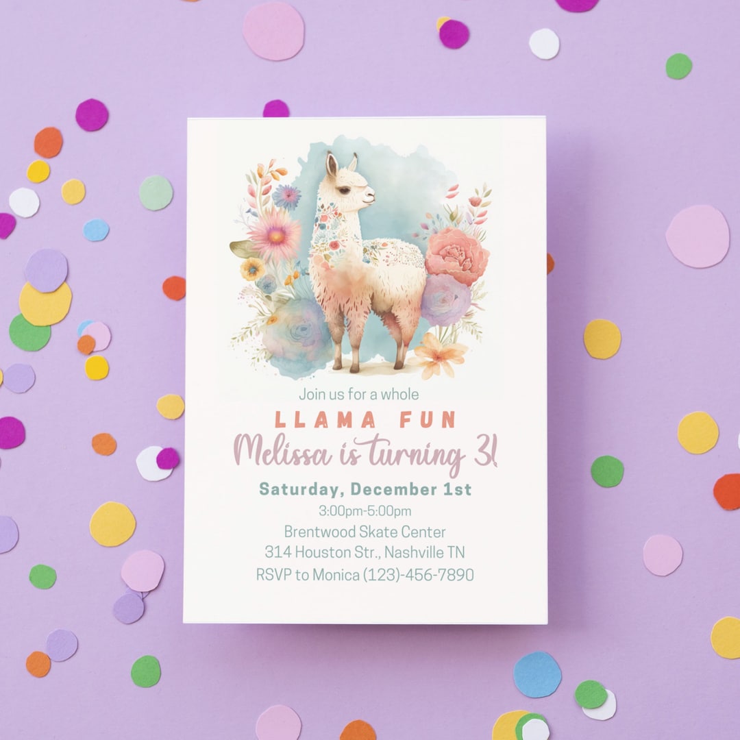 Llama Birthday Invitation Template, Girl Llama Birthday Party Invite, A ...