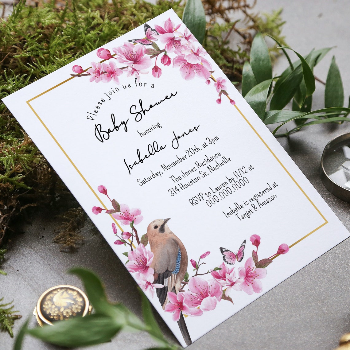 Floral Bird Baby Shower Invitation Template, Modern Girl Flowers Baby ...
