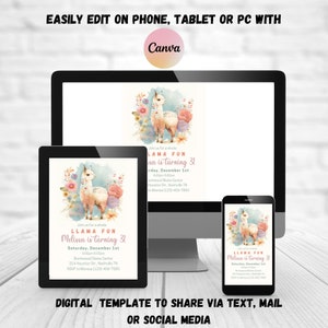Llama Birthday Invitation Template, Girl Llama Birthday Party Invite, A ...