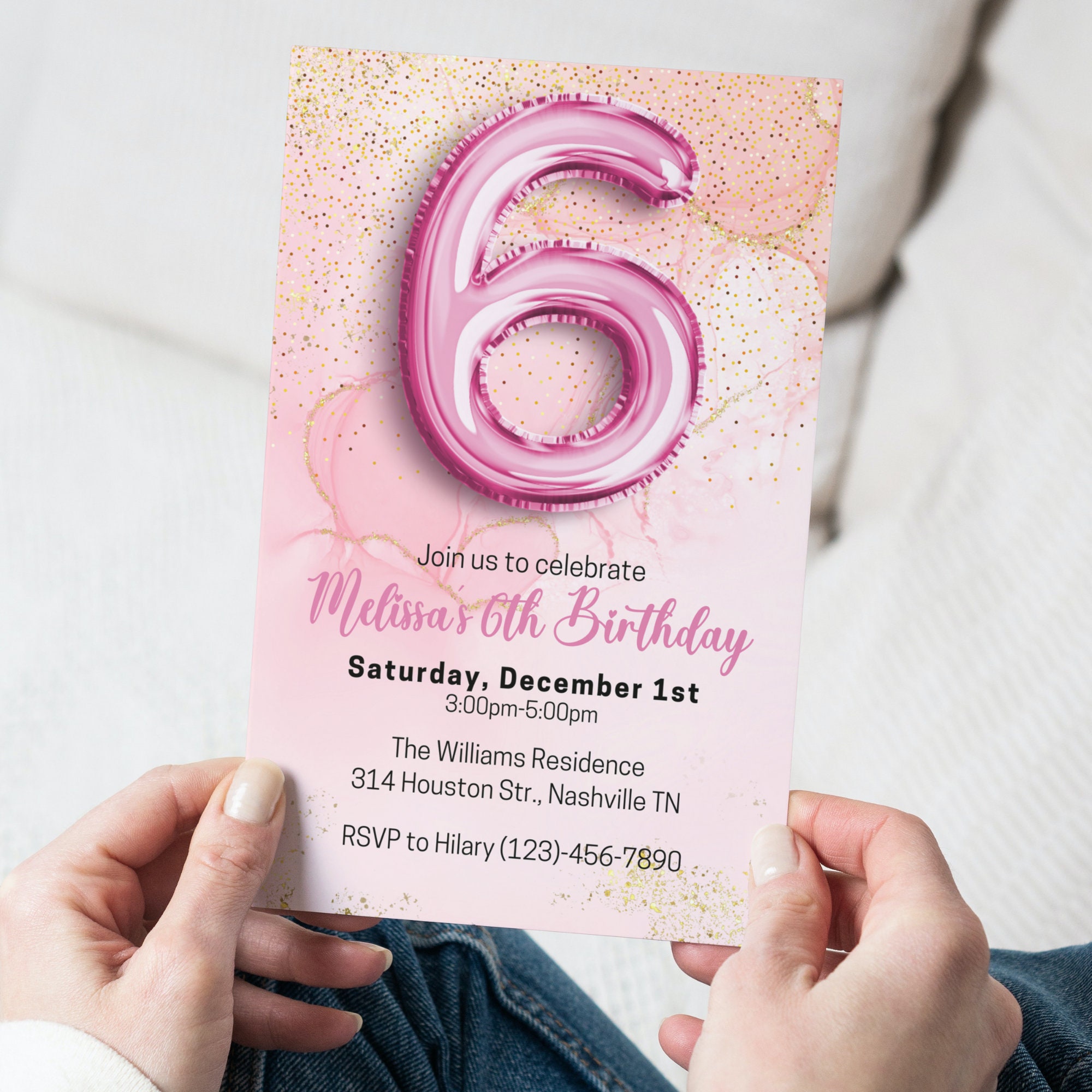 Editable Pink 6th Birthday Invitation Template Glitter Girl - Etsy